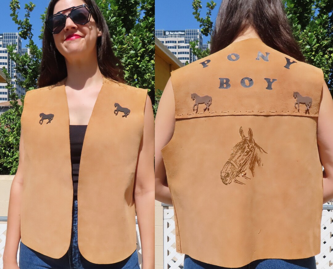 1980s Pony Boy Vest Handmade Leather Beige Tan Open Front Gold Horse ...
