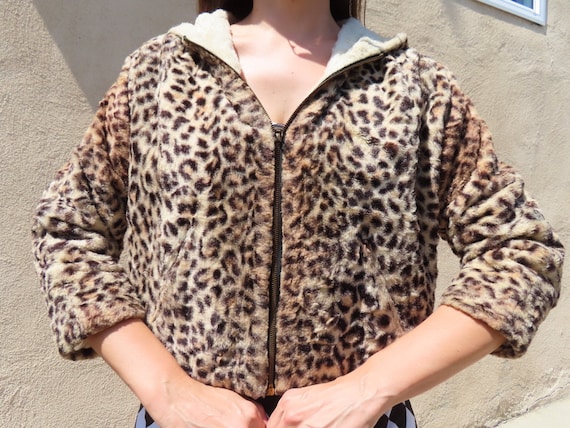 1980s Fuzzy Leopard Jacket Hooded Cream Faux Fur Line… - Gem