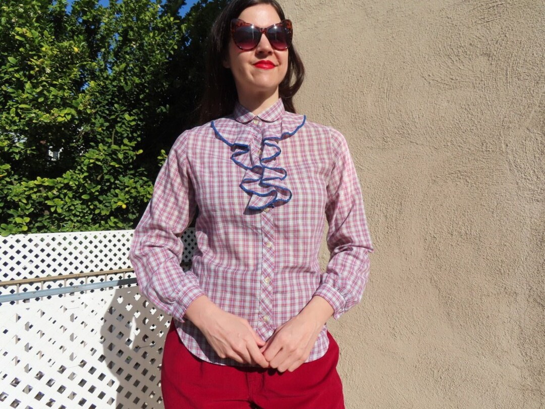 1970s Plaid Ruffle Blouse Blue Crochet Red White High Peter Pan Collar ...