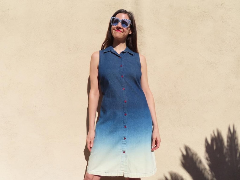 1990s Denim Dress Blue Ombre Fade Collared Sleeveless Red Button Front ...