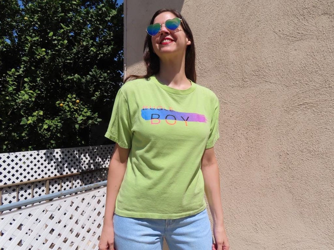 1990s Neon T-shirt Bugle Boy Logo Front Back Yellow Purple Orange Pink ...