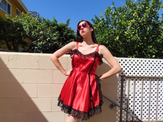 1960s Burlesque Dress Red Black Lace Sequin Satin Hig… - Gem