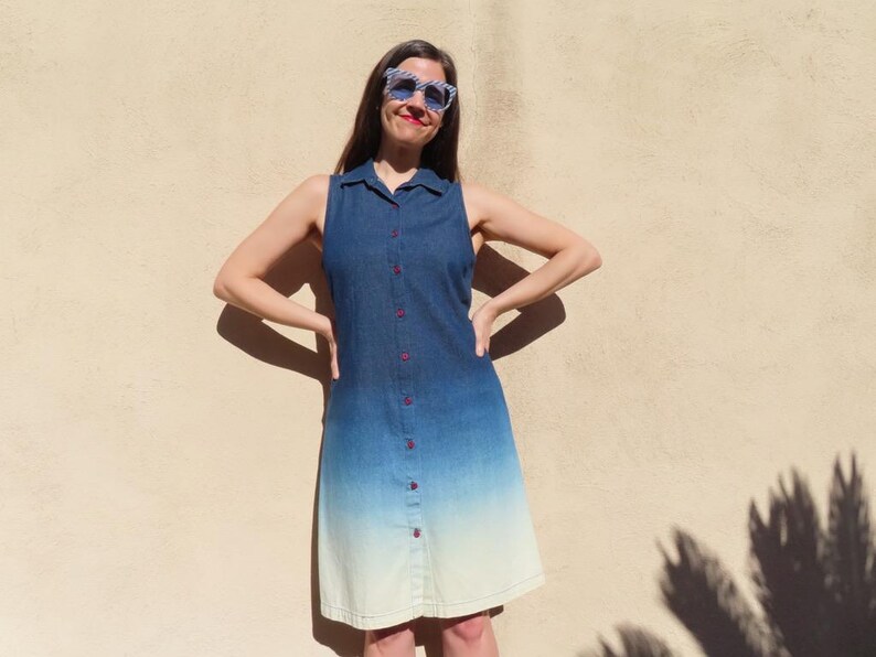 1990s Denim Dress Blue Ombre Fade Collared Sleeveless Red Button Front ...