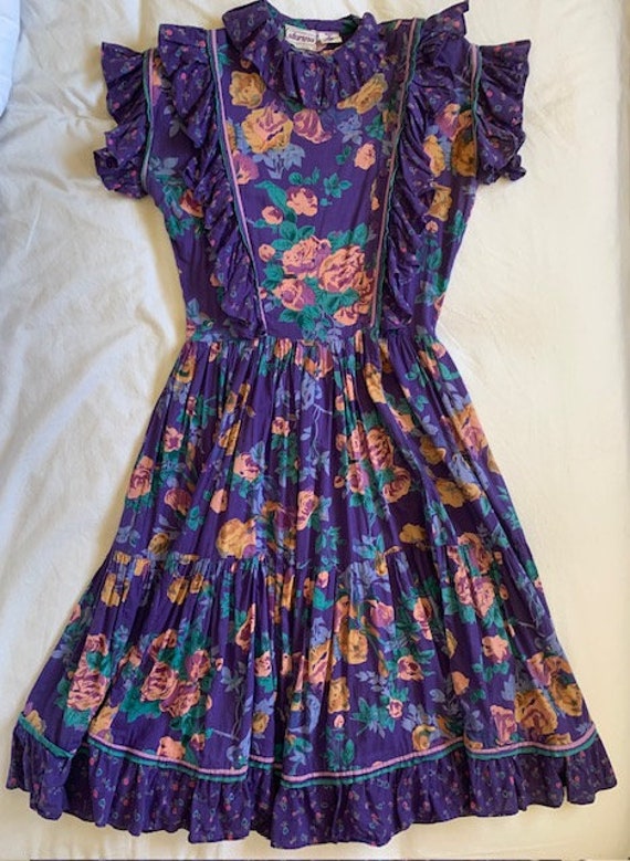1970s Starina Dress Rose Floral Purple High Ruffle Co… - Gem