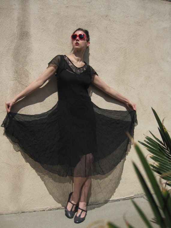 1920s Flapper Dress Black Lace Cape Flutter Full Tier… - Gem