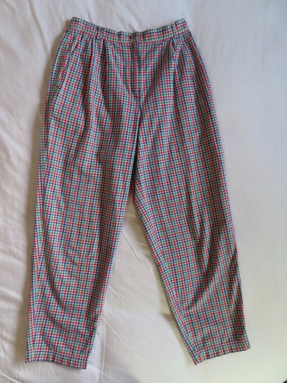 1980s Check Pants Red Blue Green White High Waisted D… - Gem