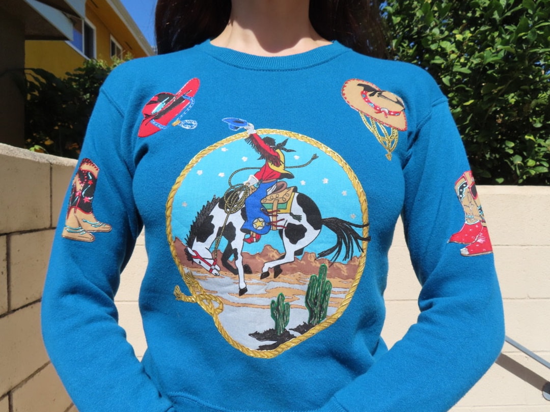 1980s Cowboy Sweatshirt Western Horse Hat Boots Puff Paint Handmade ...