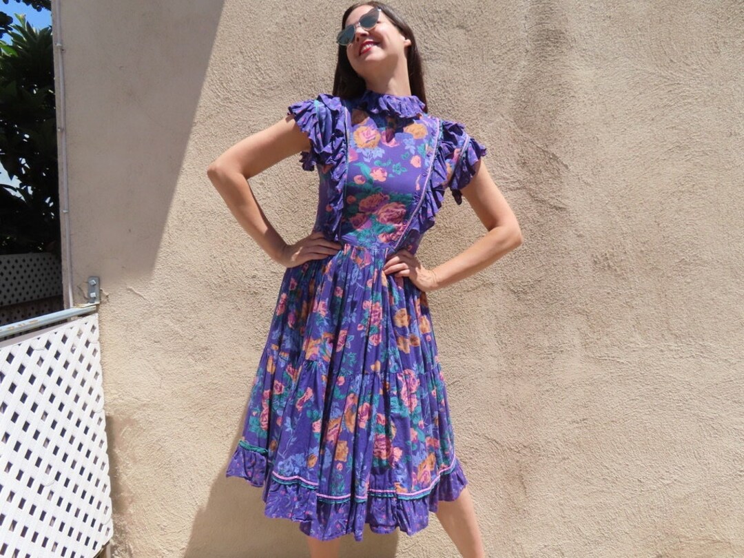 1970s Starina Dress Rose Floral Purple High Ruffle Collar Full Skirt ...