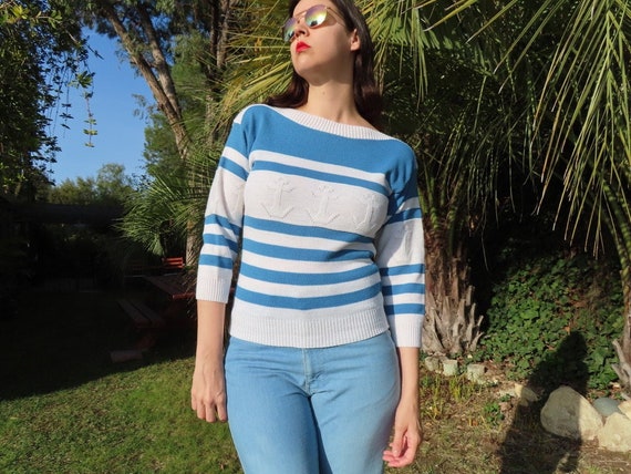 1980s Anchor Sweater Blue White Boat Neck 3/4 Sleeve - Etsy