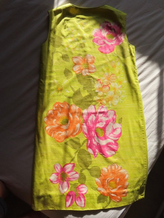 1960s Floral Dress Neon Yellow Green Oversized Flower… - Gem