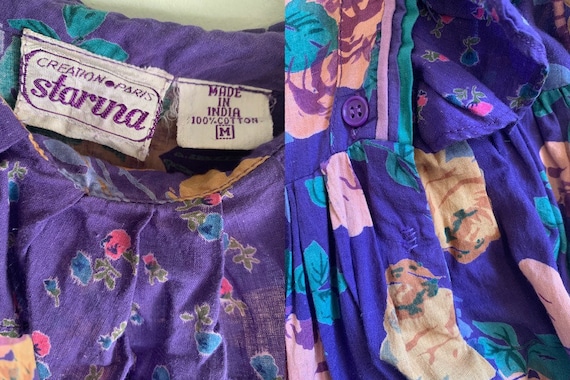 1970s Starina Dress Rose Floral Purple High Ruffle Co… - Gem