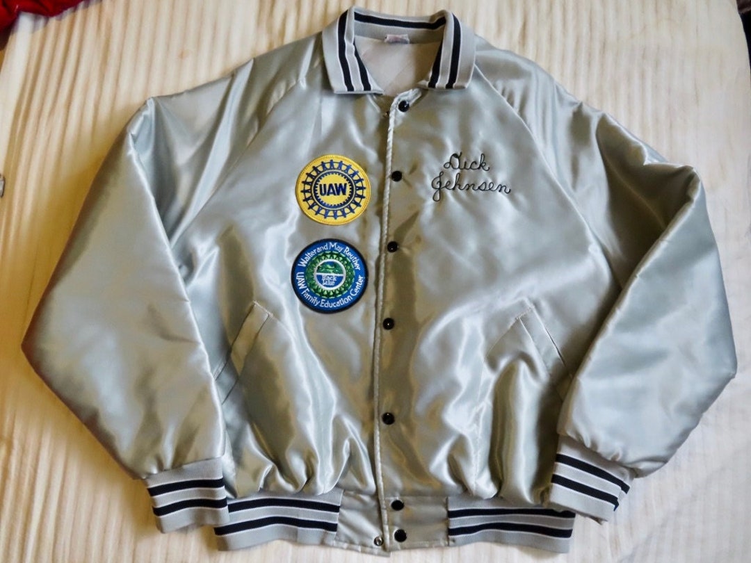 1980s Bomber Jacket UAW United Auto Workers Dick Johnson Silver Nylon ...