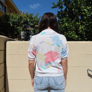 1980s Pastel Shirt Geometric Scribble Print White Short Sleeve Collared Pocket Top Blouse Size ...
