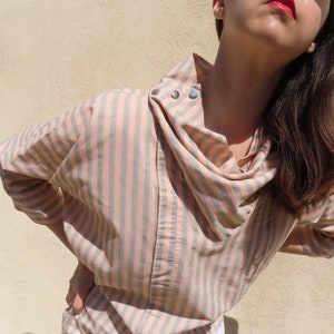 1980s Funnel Neck Top Pale Pink Gray Vertical Stripe Dolman 3/4 Sleeve Blouse Cowl Snap Collar ...