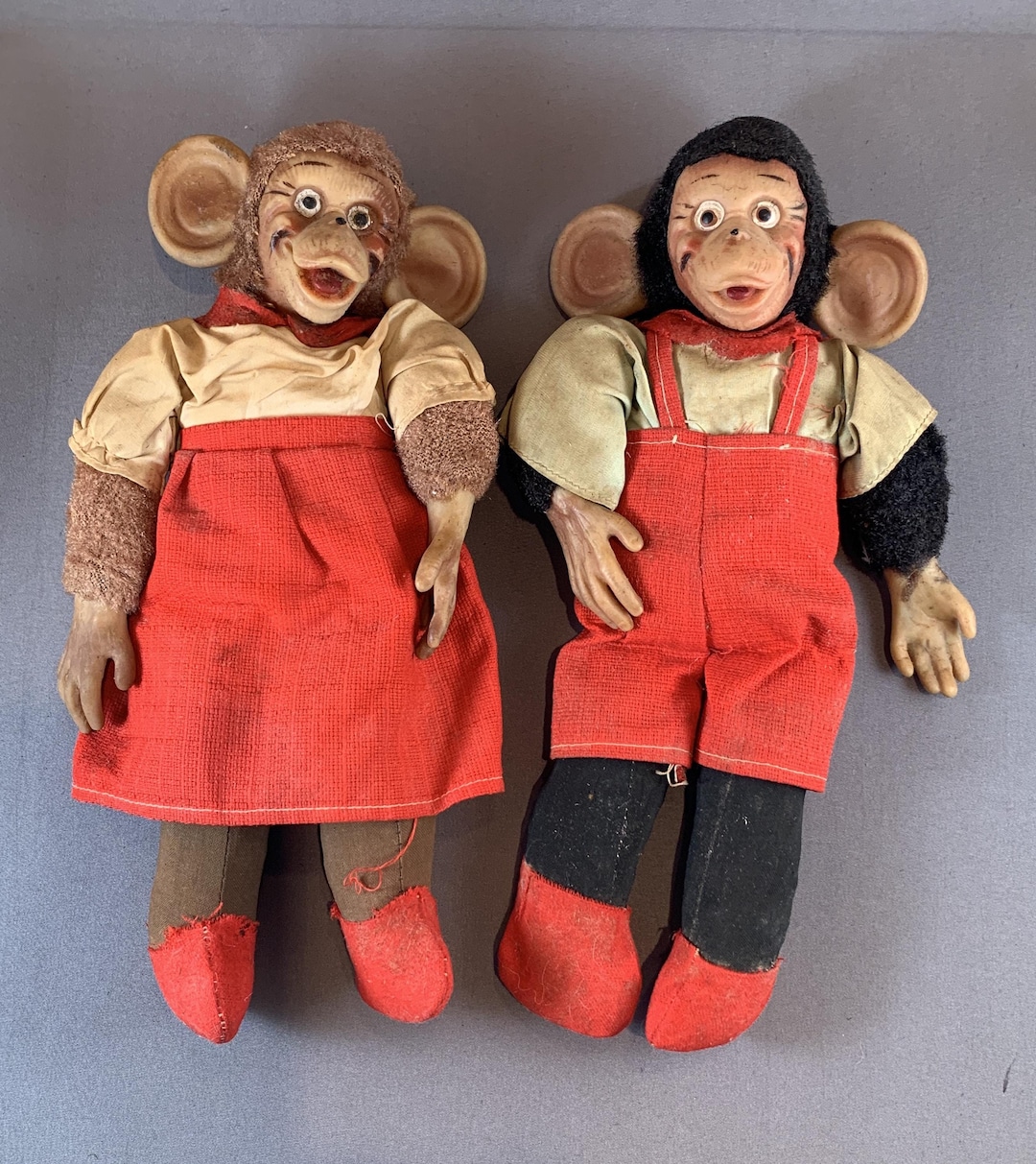 Rare Vintage Pair of Plush Straw Filled Mohair Monkey Toys 10”, Rubber ...
