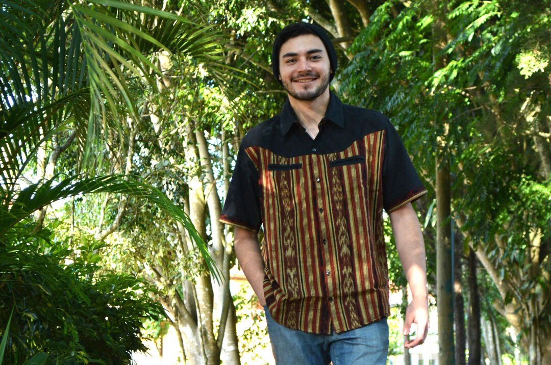 Ikat Trim Cotton Western Shirt - Guatemalan Short Sleeve Cowboy Style ...