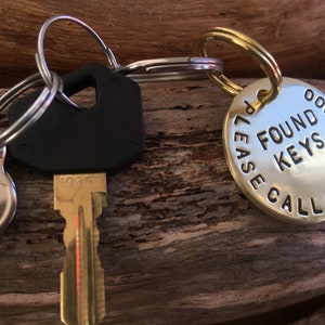 Hand Stamped Personalised Custom Brass Key Ring to Return Lost Keys Identification Keyring ...