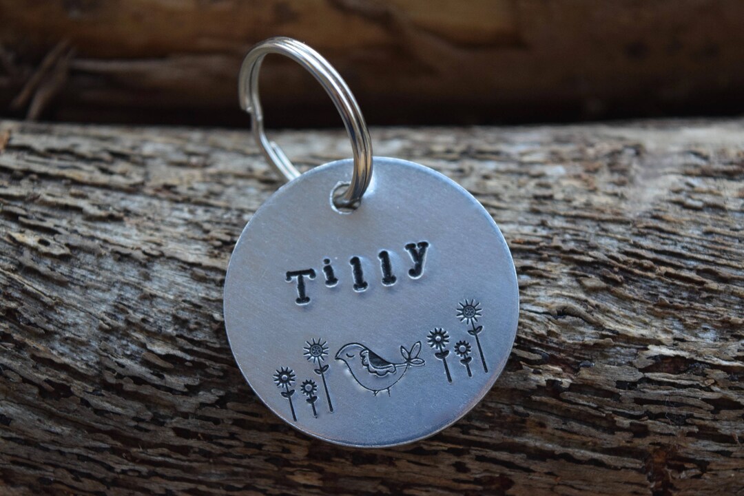 Hand Stamped Pet ID Tag: Aluminium Bird & Flowers Design Personalised ...