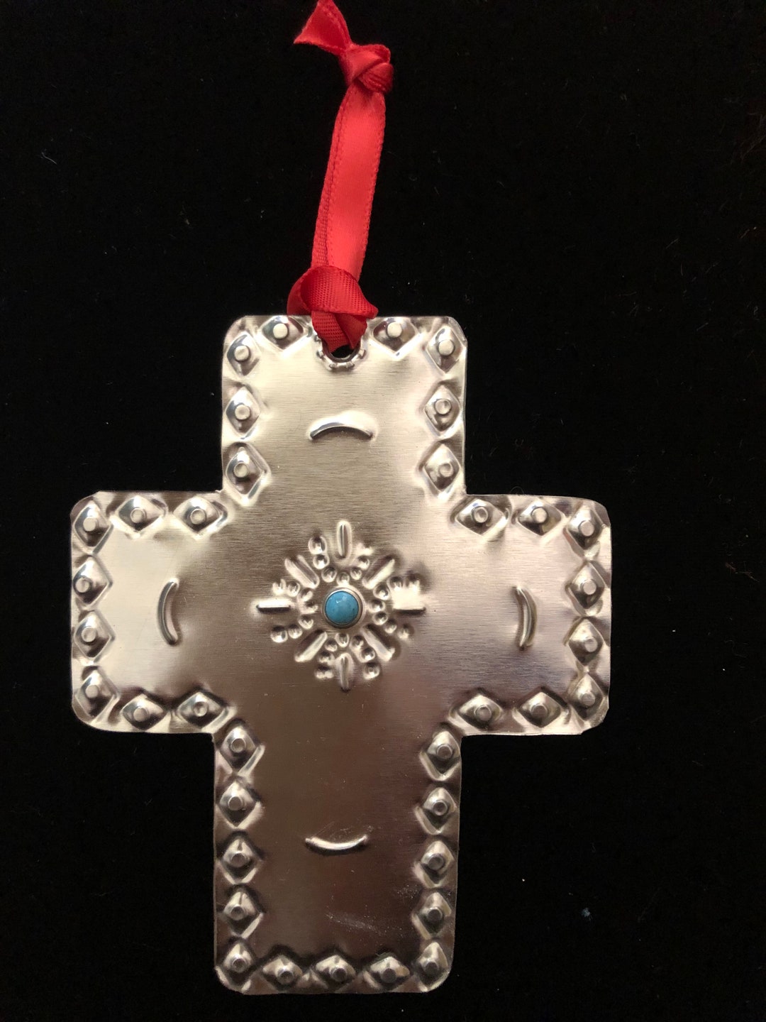 Tin Cross Ornament With Turquoise - Etsy