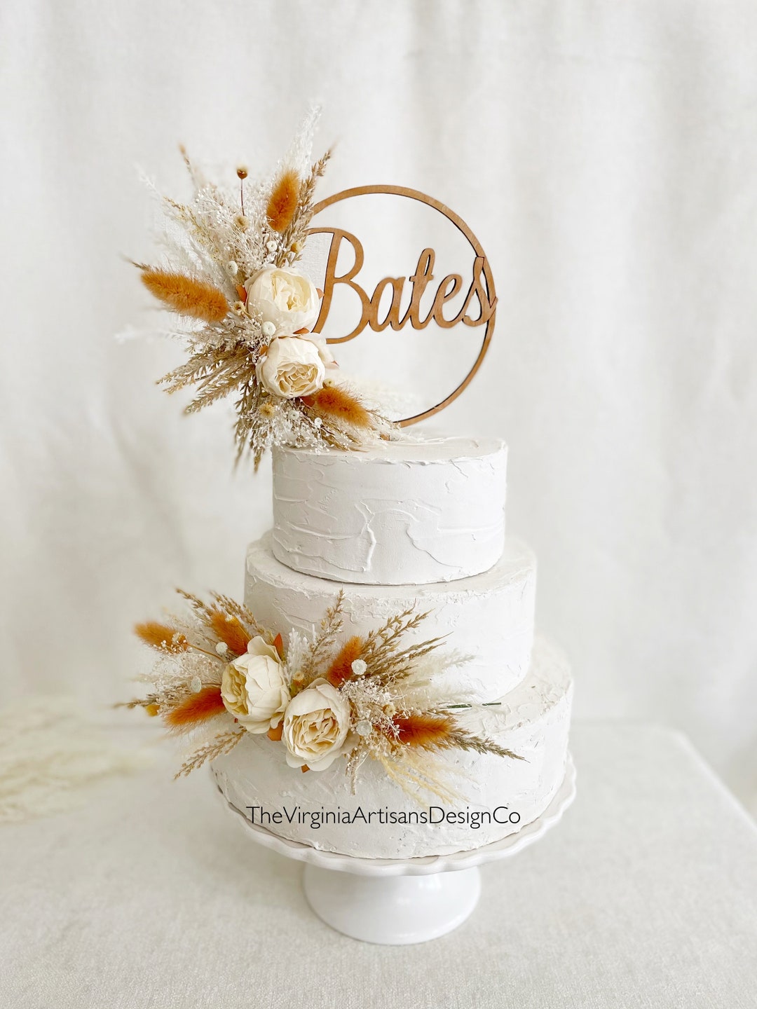 Personalized Boho Hoop Cake Topper – Dried & Silk Flowers, Pampas Grass ...