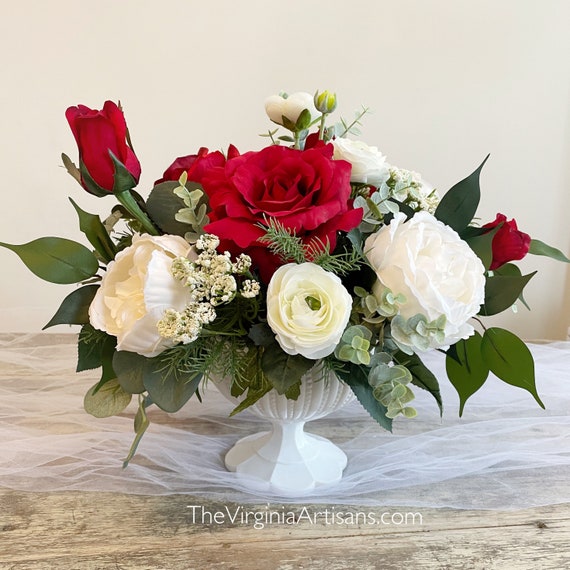 Red Roses Floral Arrangement Home Decor Red Roses Centerpiece Wedding Centerpiece Etsy Canada