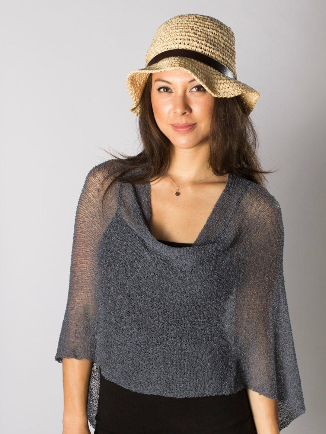 Steel Grey Boho Knit Poncho Wedding Shawl, Lightweight Loose Knit ...