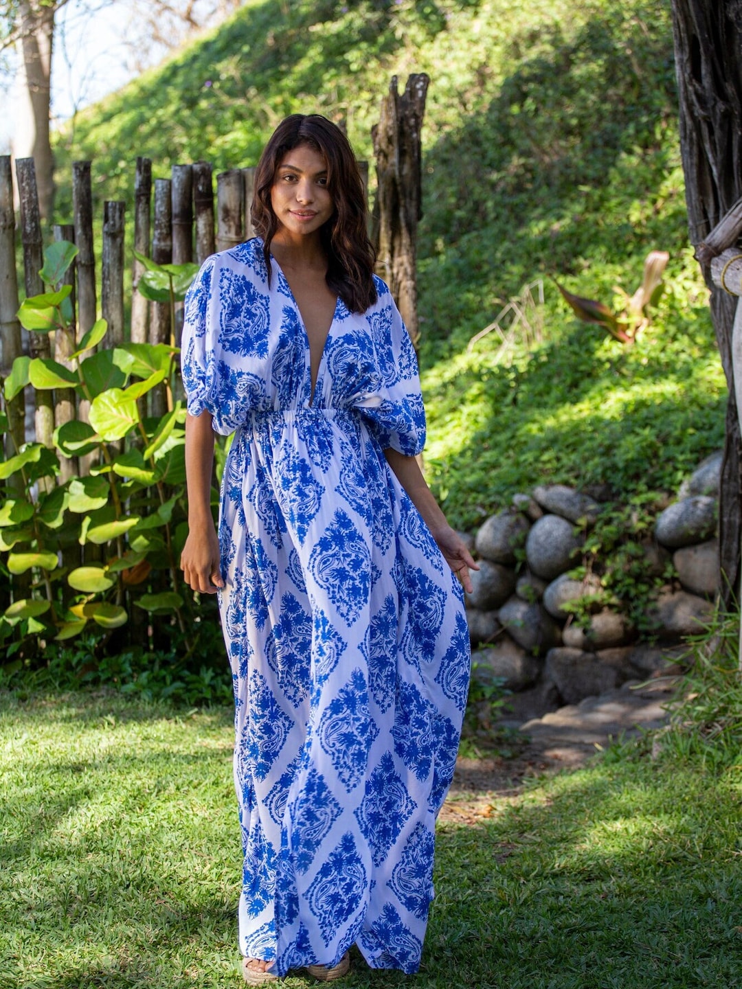 Blue White Beach Maxi Dress, Sexy Vacation Resort Dress, Kimono Dress ...