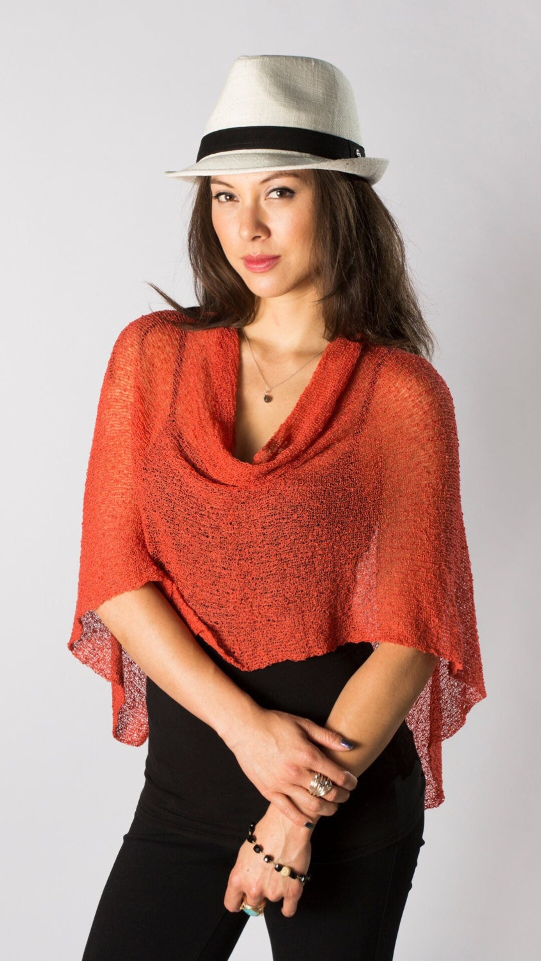 Tangerine Orange Women Poncho Shawl, Resort Beach Wear, Summer Knit ...