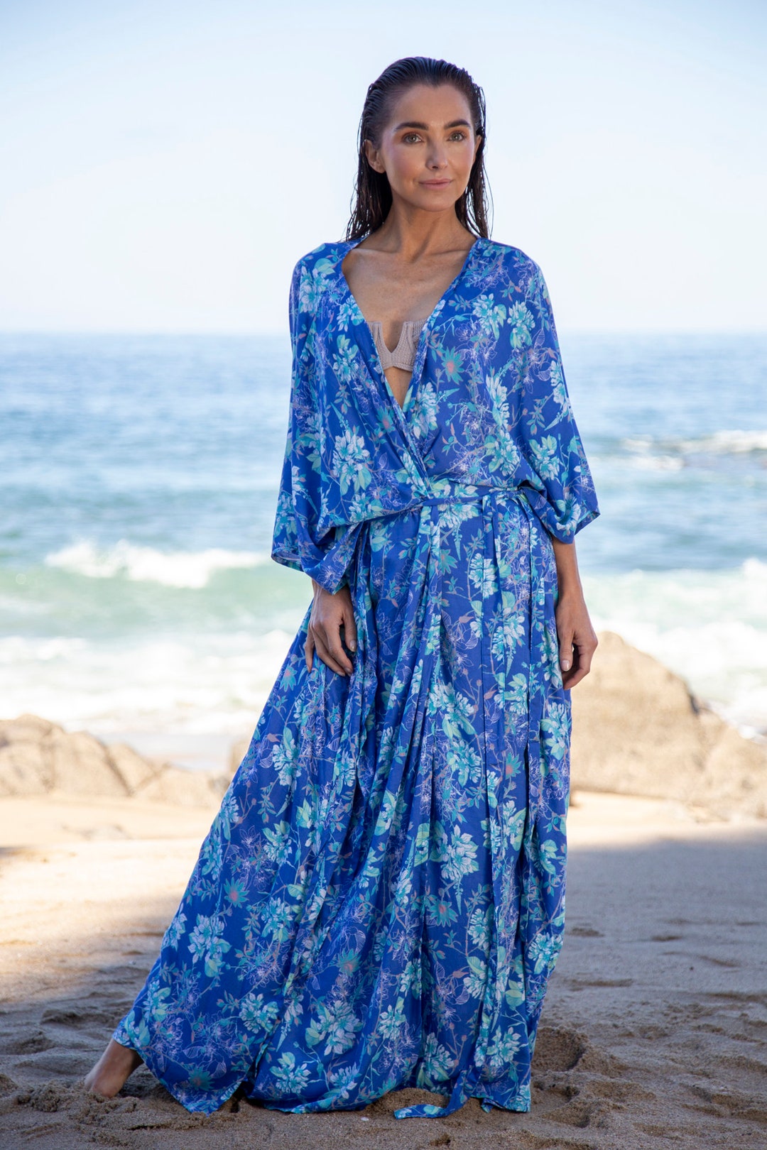 Blue Kaftan Robe & Wide Resort Premium Pant Set, Elegant Bridesmaid ...
