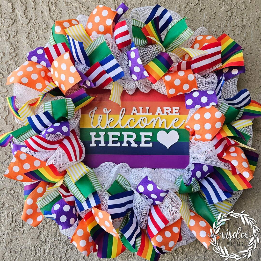 All Are Welcome Here LGBTQ Pride Ally Rainbow Wreath more Details in ...
