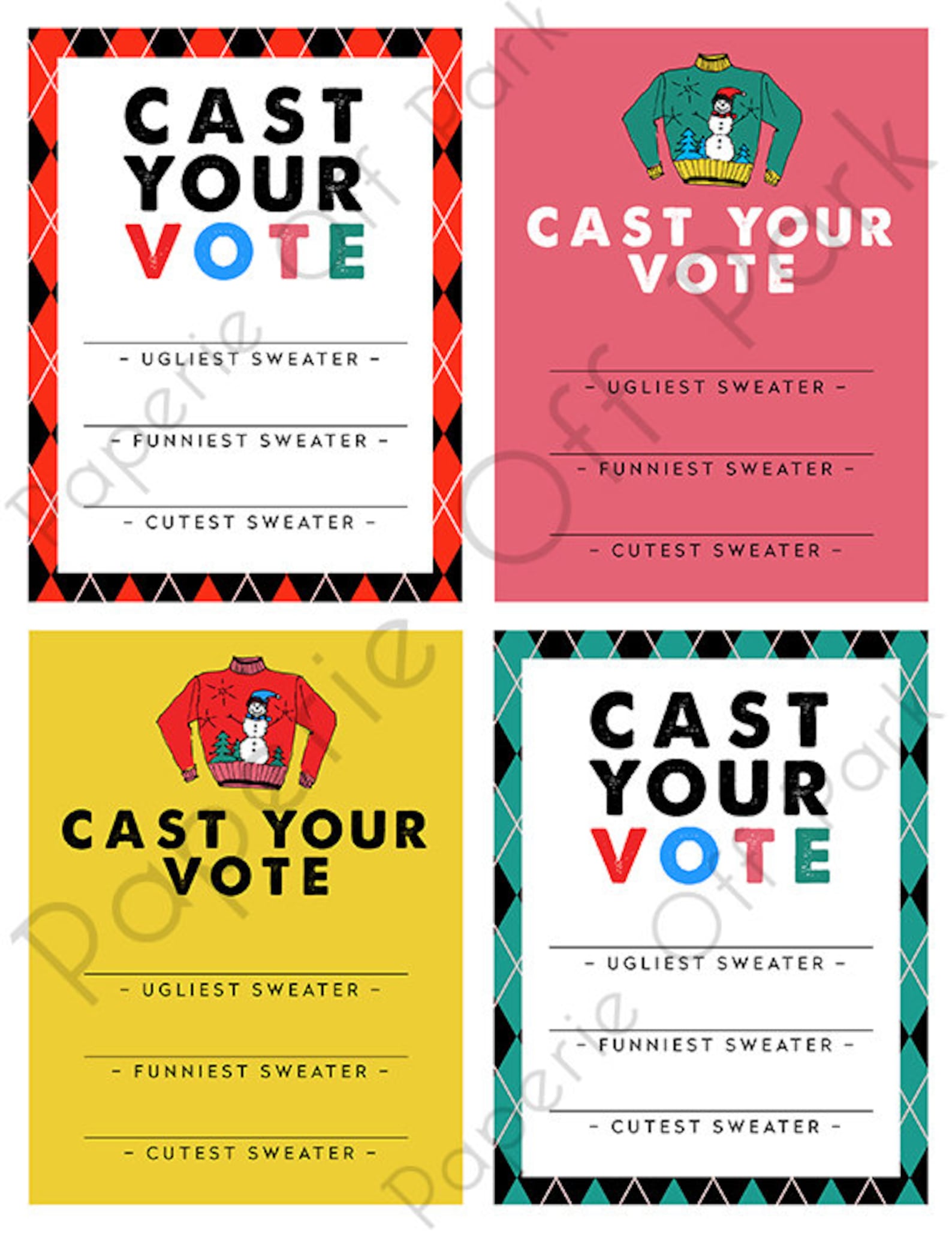 Printable Cast Your Vote Cards 4 Designs Ugly Christmas Sweater Party ...