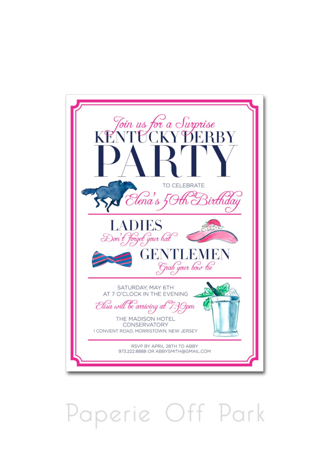 Kentucky Derby Birthday Party 5x7 Invitation - Hand-painted Mint Julep ...