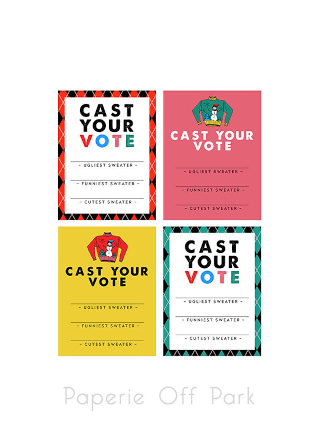 Printable Cast Your Vote Cards 4 Designs Ugly Christmas Sweater Party ...