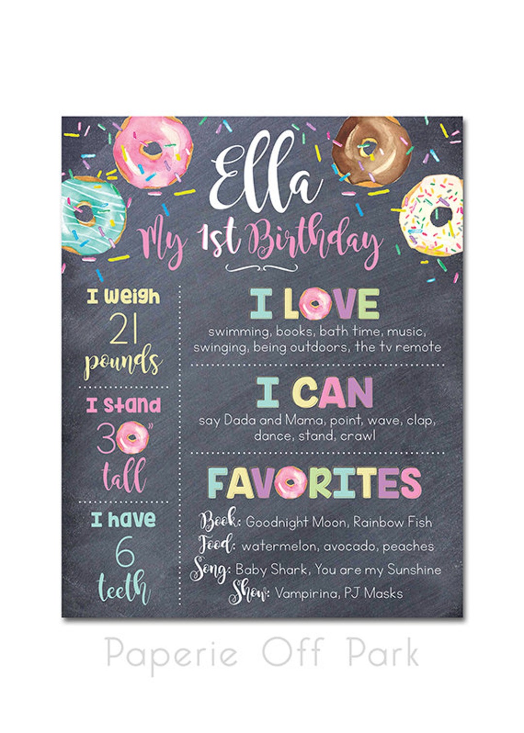 1st Birthday Stats Chart - First Year Milestone Sign - 16x20 - Donut ...