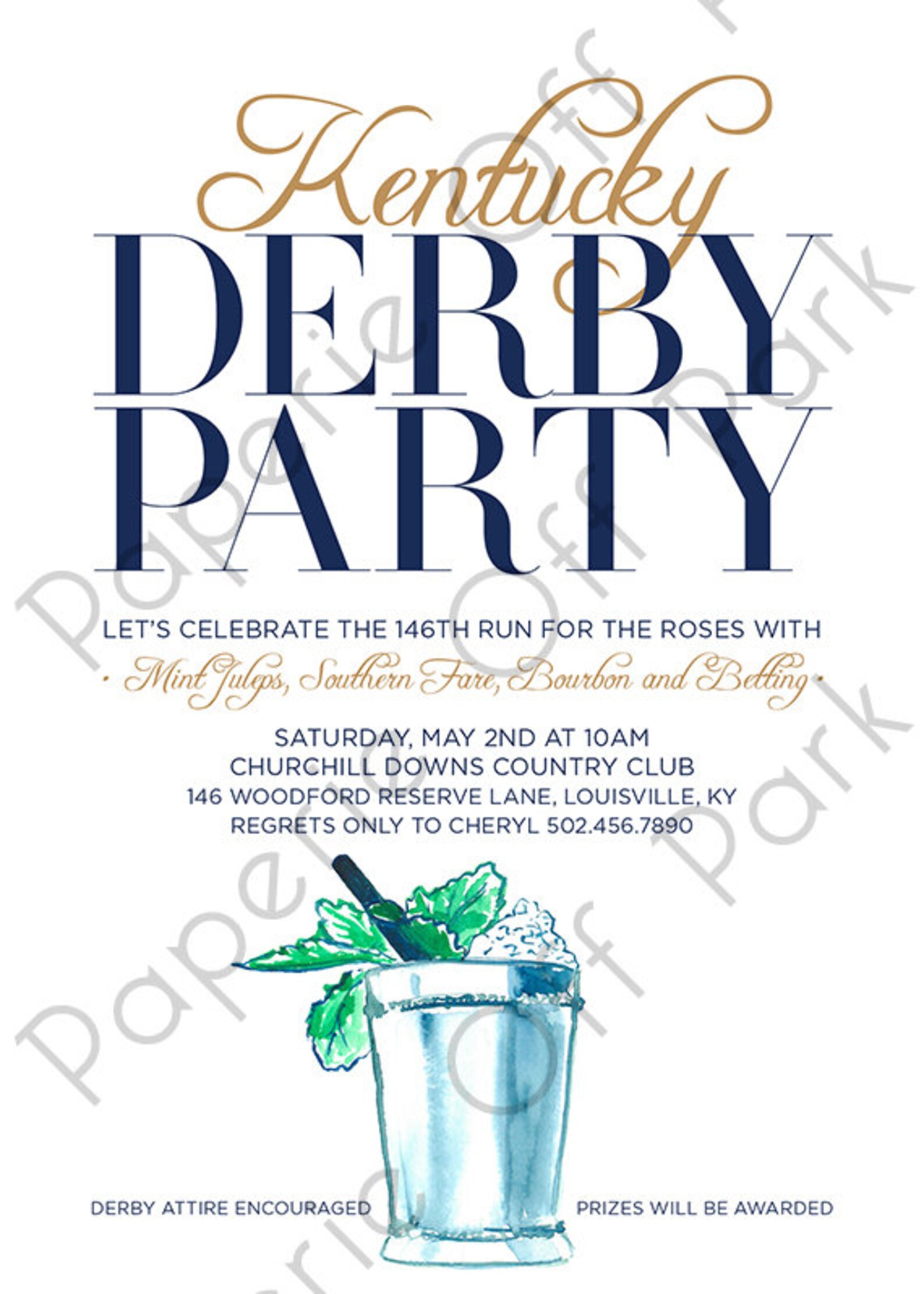 Kentucky Derby 5x7 Invitation With Hand-painted Mint Julep - 148th Run ...