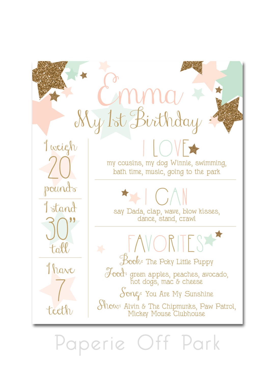 1st Birthday Stats Chart - First Year Milestone Sign - 16x20 - Twinkle ...