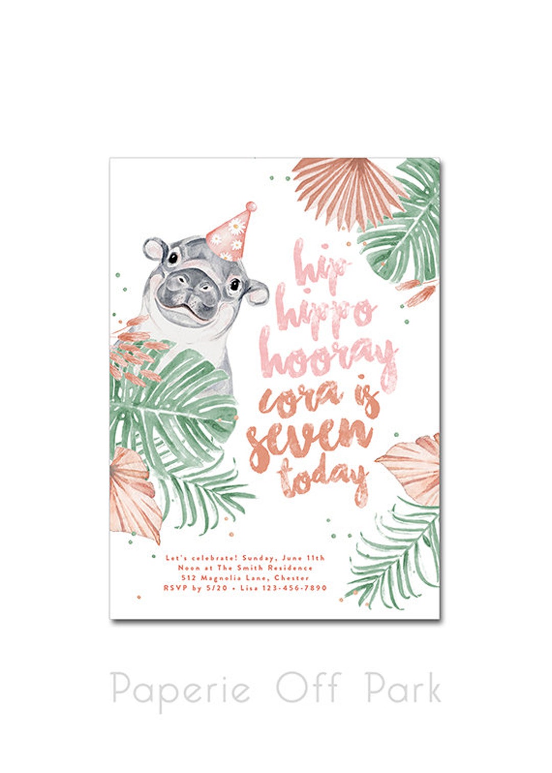 Hippo Birthday Party 5x7 Invitation - Hip Hippo Hooray - Watercolor ...