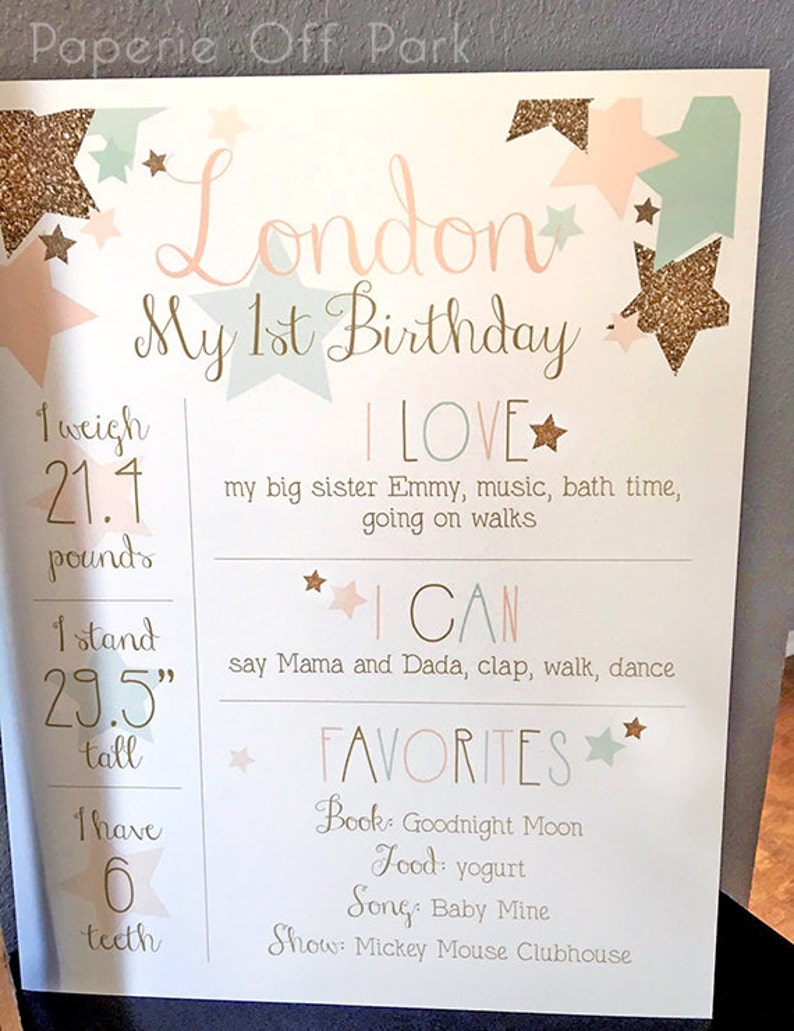 1st Birthday Stats Chart - First Year Milestone Sign - 16x20 - Twinkle ...