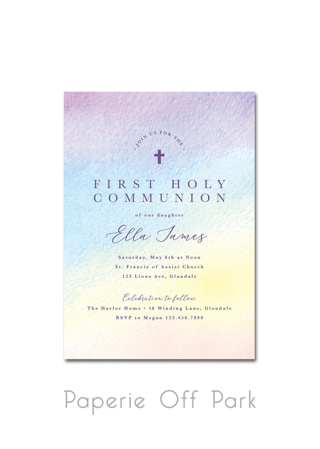 First Holy Communion 5x7 Invitation - Rainbow Watercolor - Baptism ...