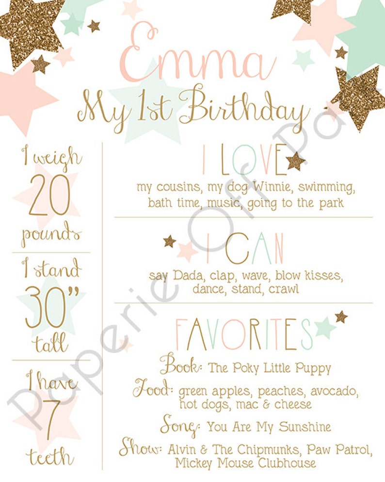 1st Birthday Stats Chart - First Year Milestone Sign - 16x20 - Twinkle ...