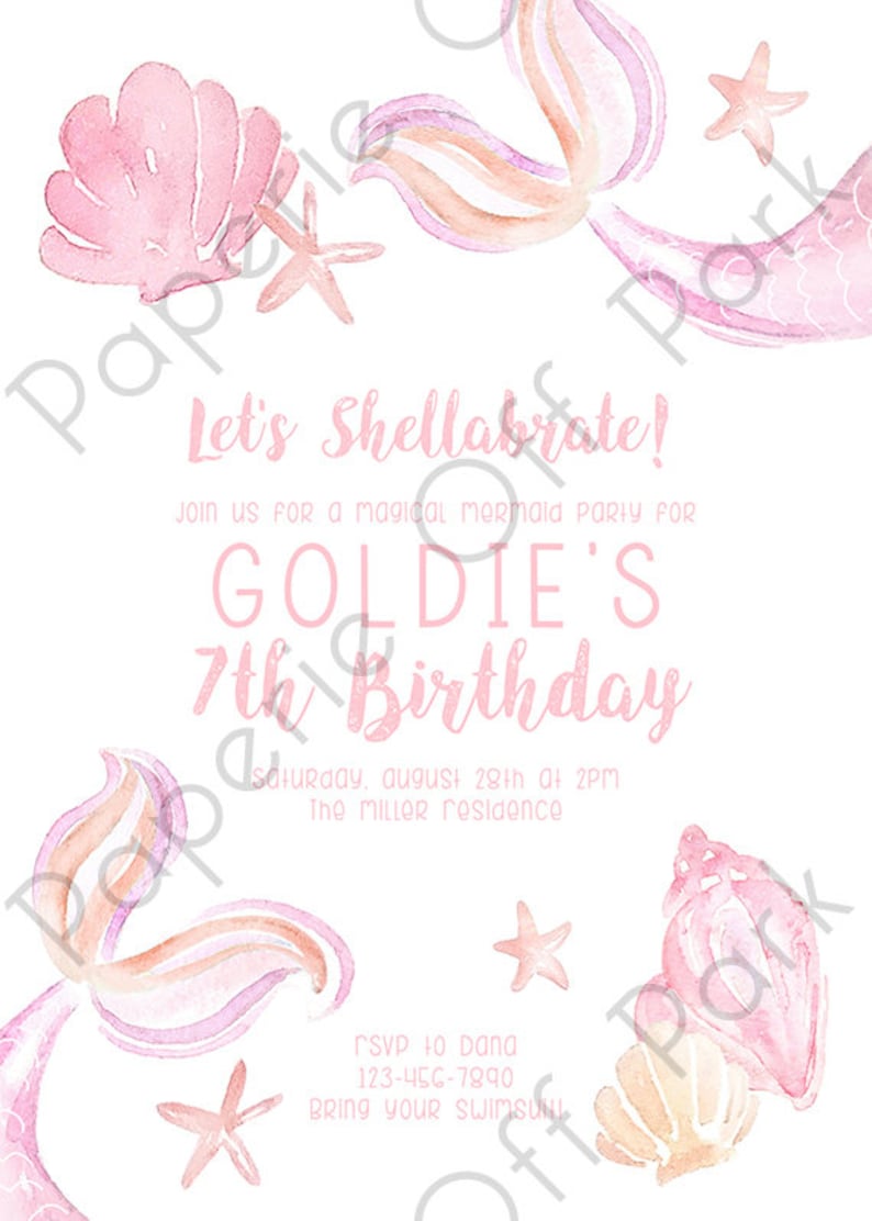 Mermaid Birthday Party 5x7 Invitation - Let's Shellabrate - Shellabrate ...