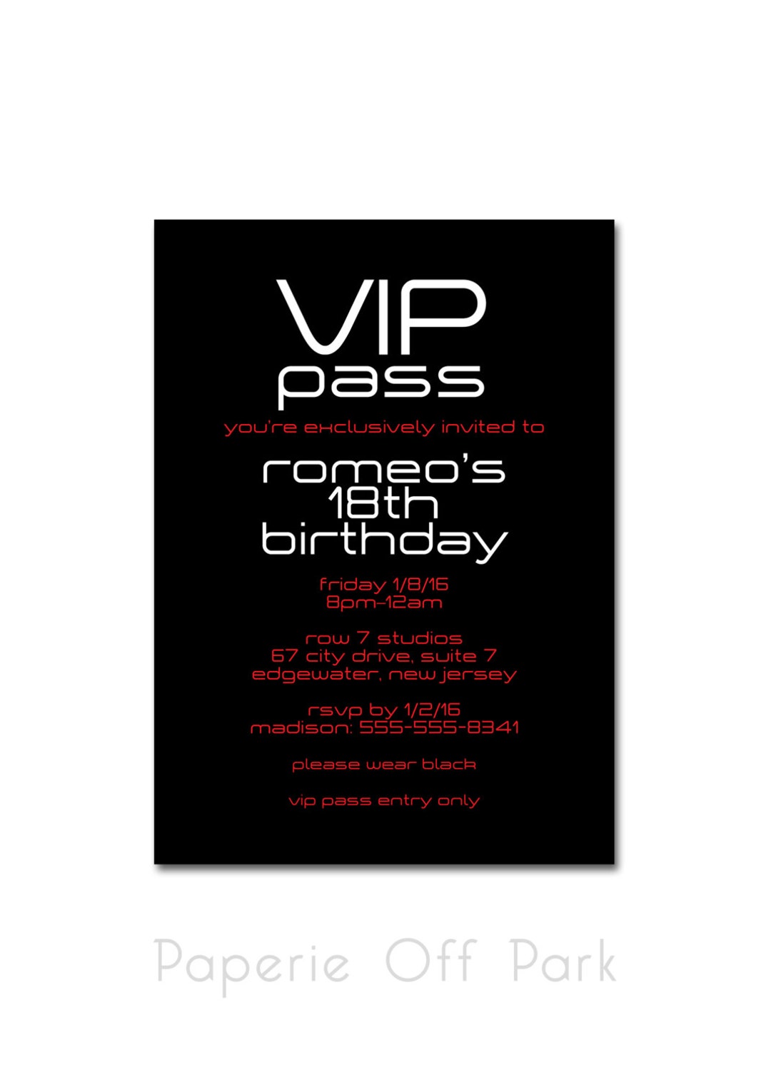 Birthday Party 5x7 Invitation - VIP Pass - Black, White and Red ...