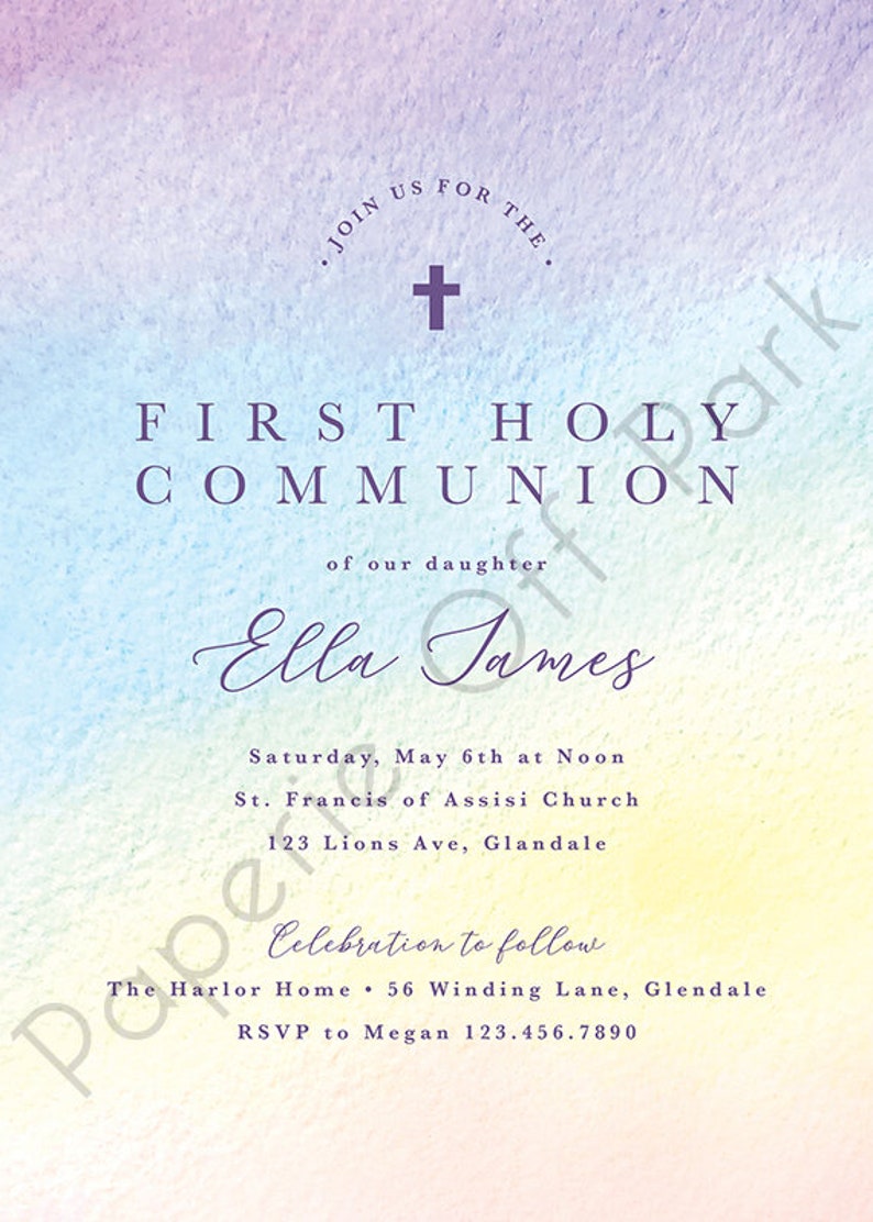First Holy Communion 5x7 Invitation - Rainbow Watercolor - Baptism ...