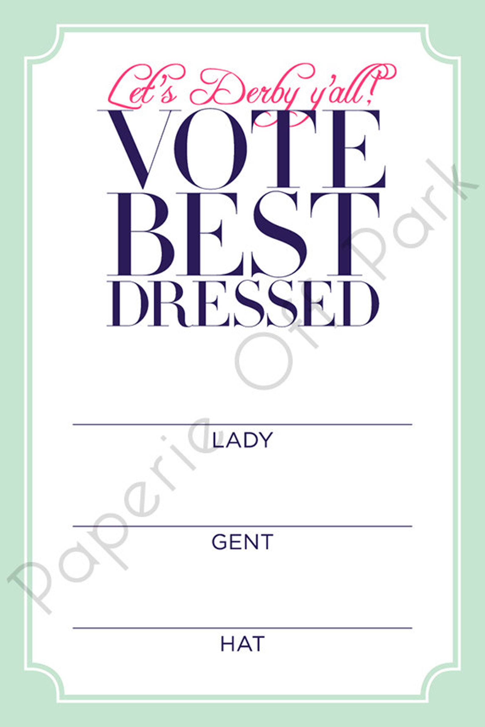 Printable Kentucky Derby Vote Best Dressed Cards - 2.5x3.75 - Mint, Hot ...