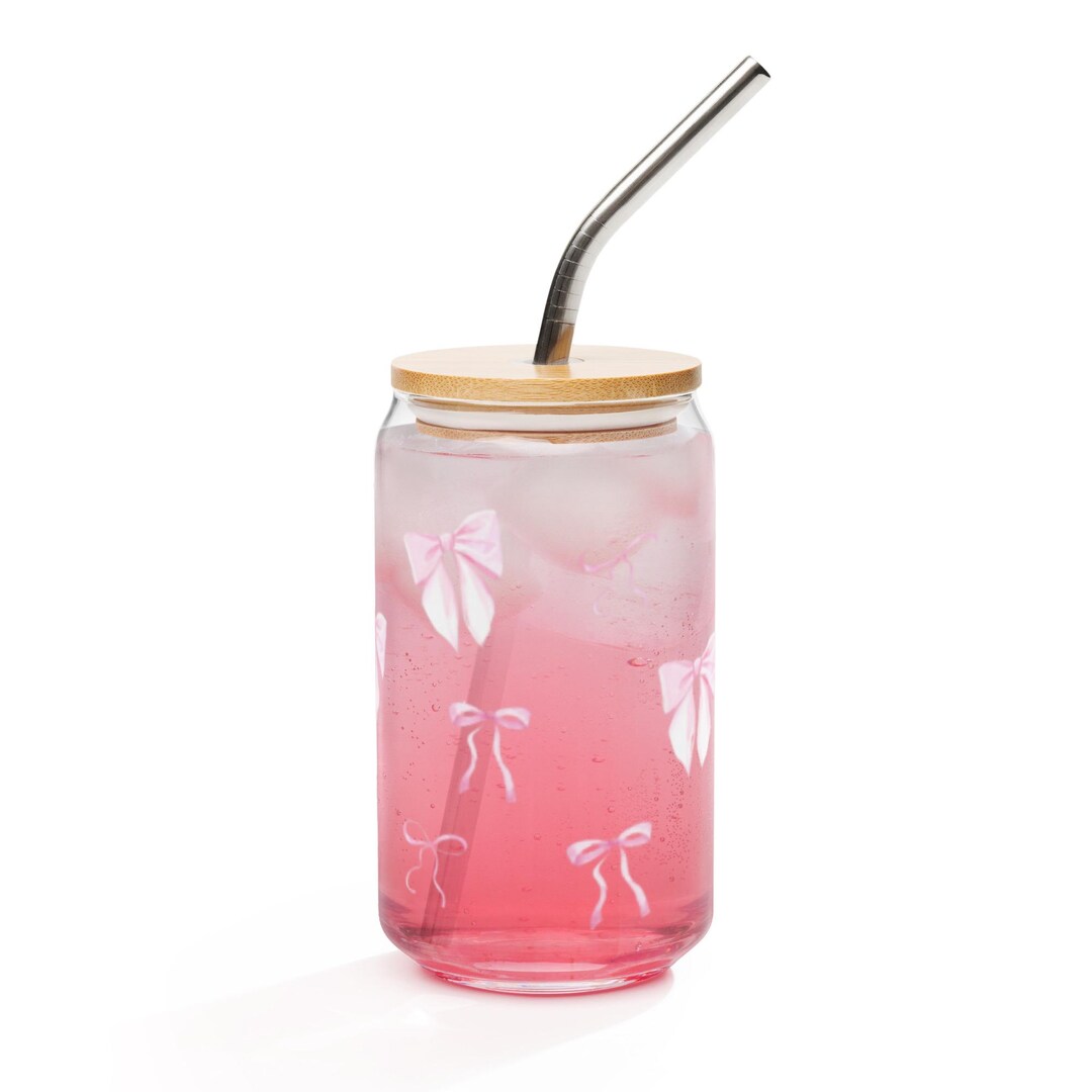 Preppy Bow Can-shaped Glass - Pink Bows - Mug, Drinkware, Glassware ...