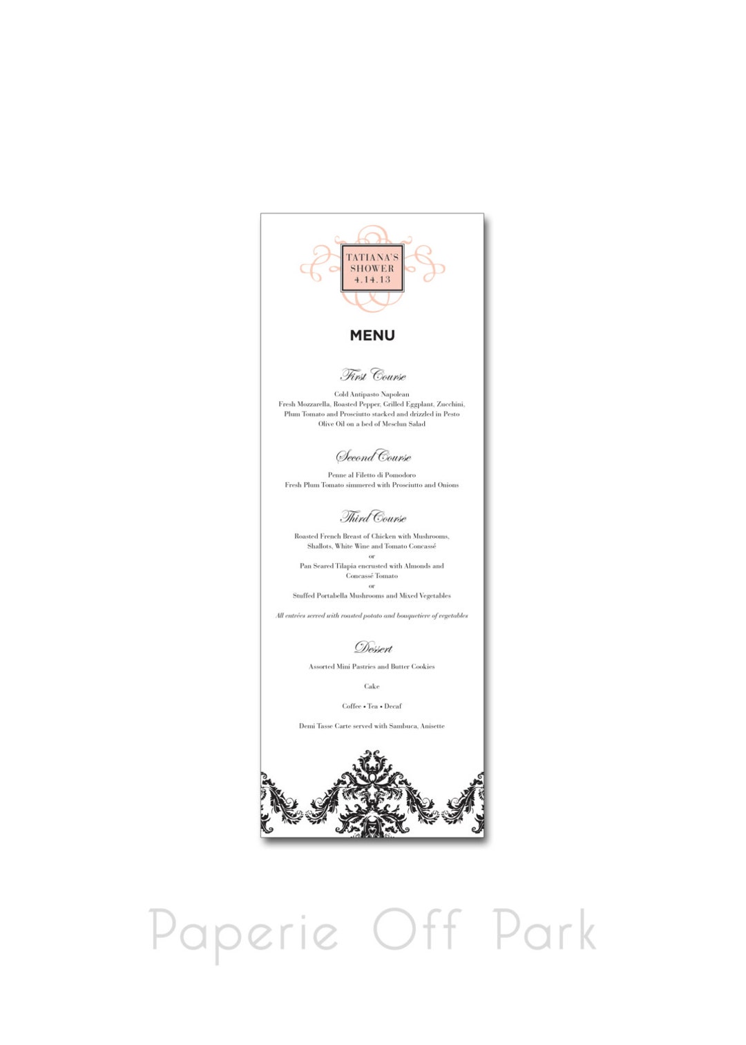 Bridal Shower Menu - 3.75x10.5 - Perfume Mixology - Damask and Monogram ...