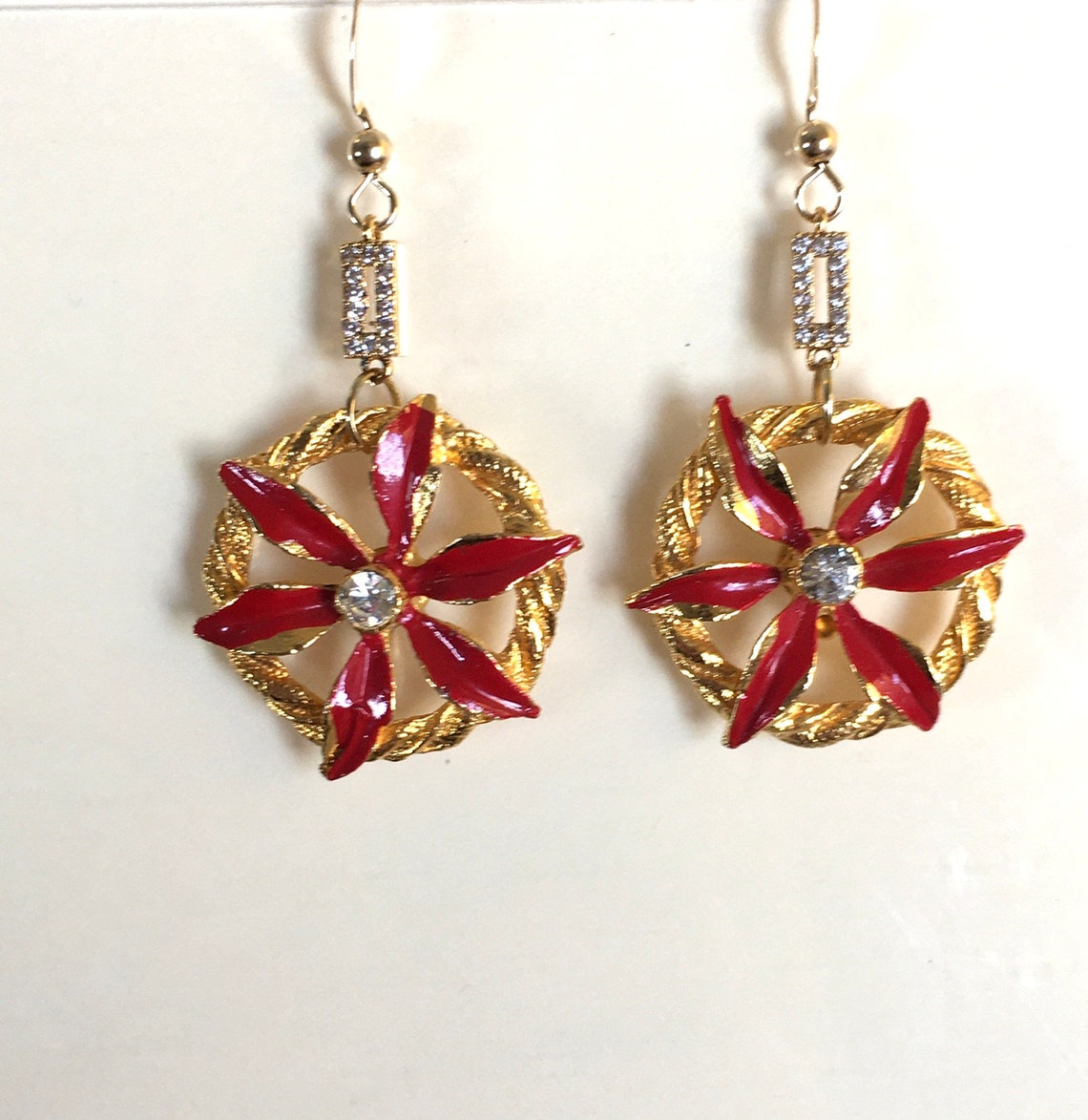 Pretty Red and Gold Vintage Flower Pierced Earrings on Gold - Etsy