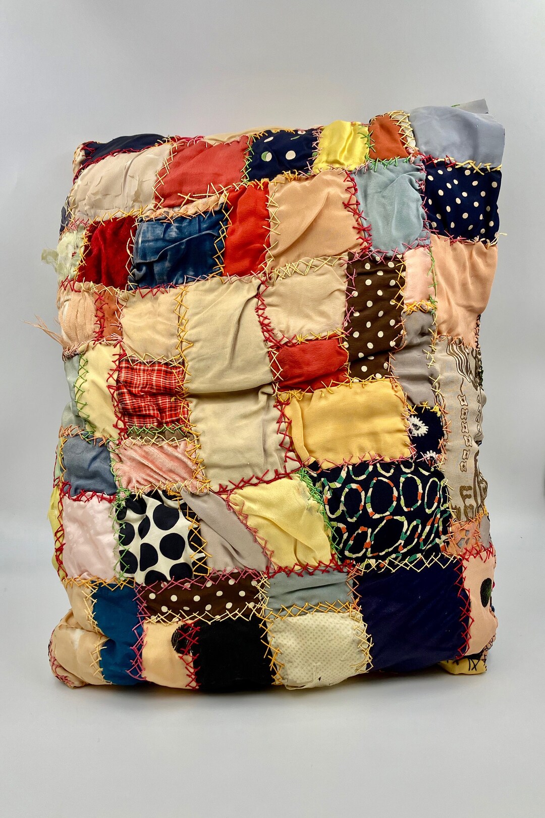 Circa 1940s, Hand Stitched Crazy Quilt Pillow- Synthetic Textile Fabric ...
