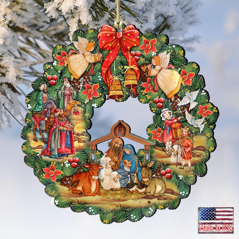 Holiday Wooden Decor - Nativity Christmas Wreath - Art by G Debrekht ...