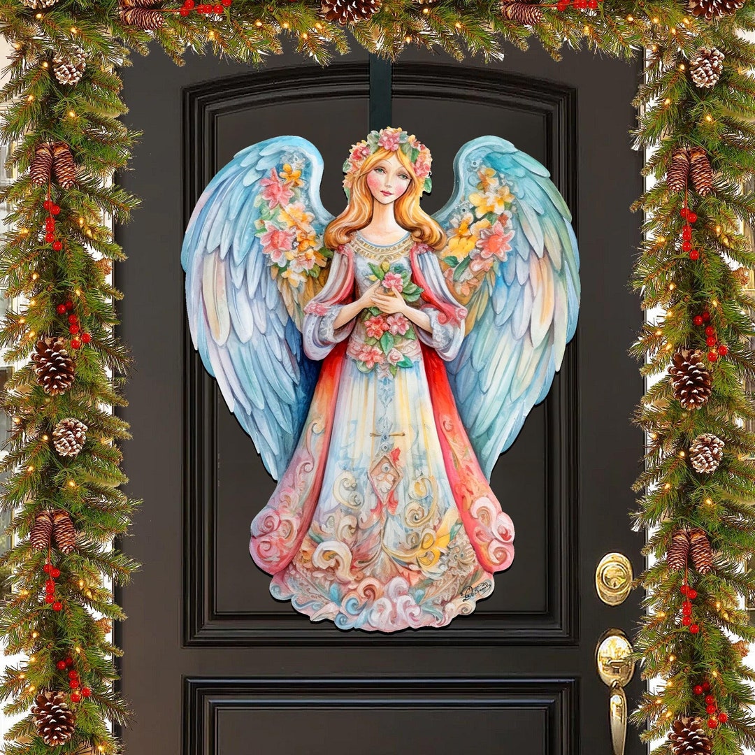 Blue Floral Angel Door Hanger and Wall Art - Handcrafted Wooden ...